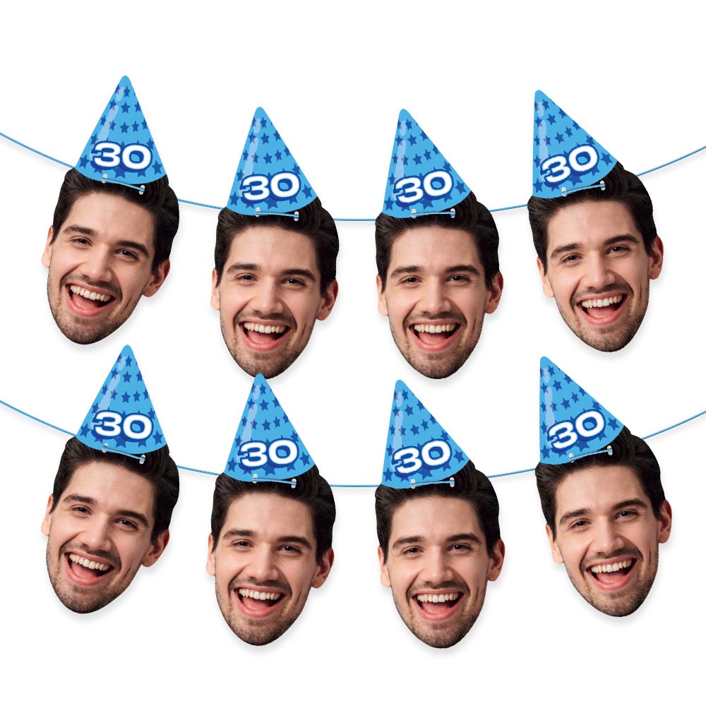 Personalised Blue Birthday Party Hat Face Bunting | Printed Little Things